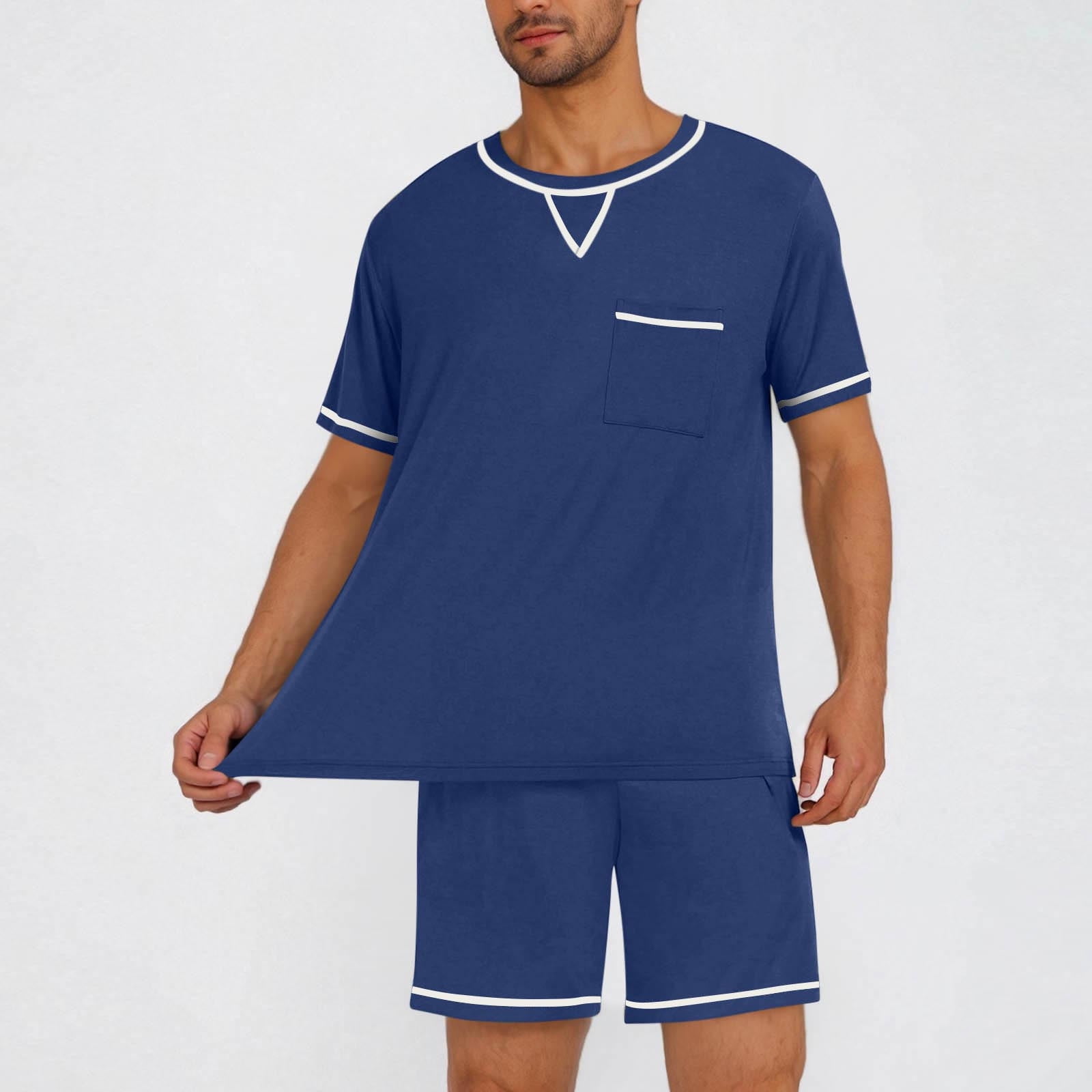 Bdfzl Men'S Sleepwear Set With Short Sleeve Tops & Shorts Dark Blue L ...