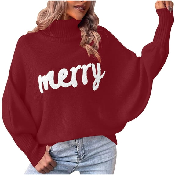 Bdfzl Merry Christmas Sweaters For Women Turtleneck Ribbed Sweater Long ...