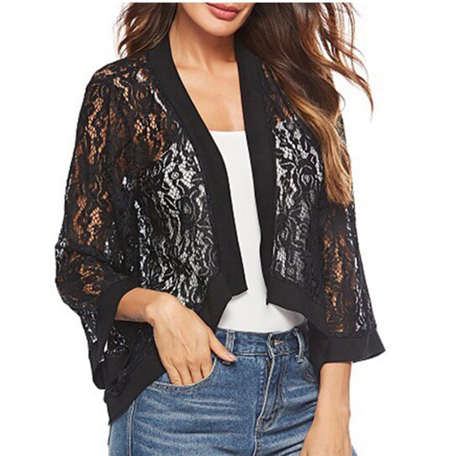 Bdfzl Women's Casual Lace Crochet Cardigan 3 4 Sleeve Sheer Cover Up ...