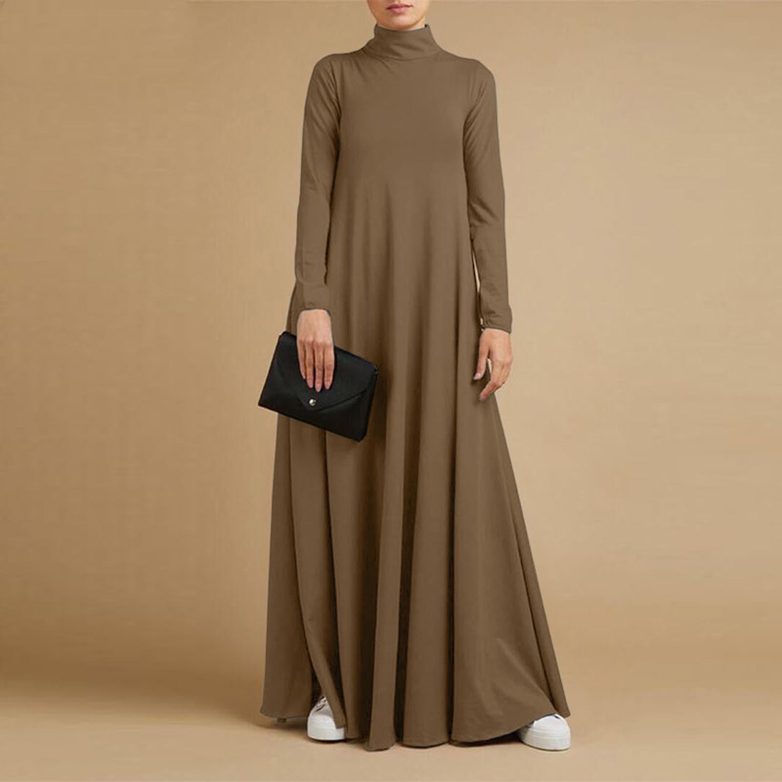 Bdfzl Womens Casual Maxi Dress Long Sleeve Mock Neck Robe Abaya Muslim ...