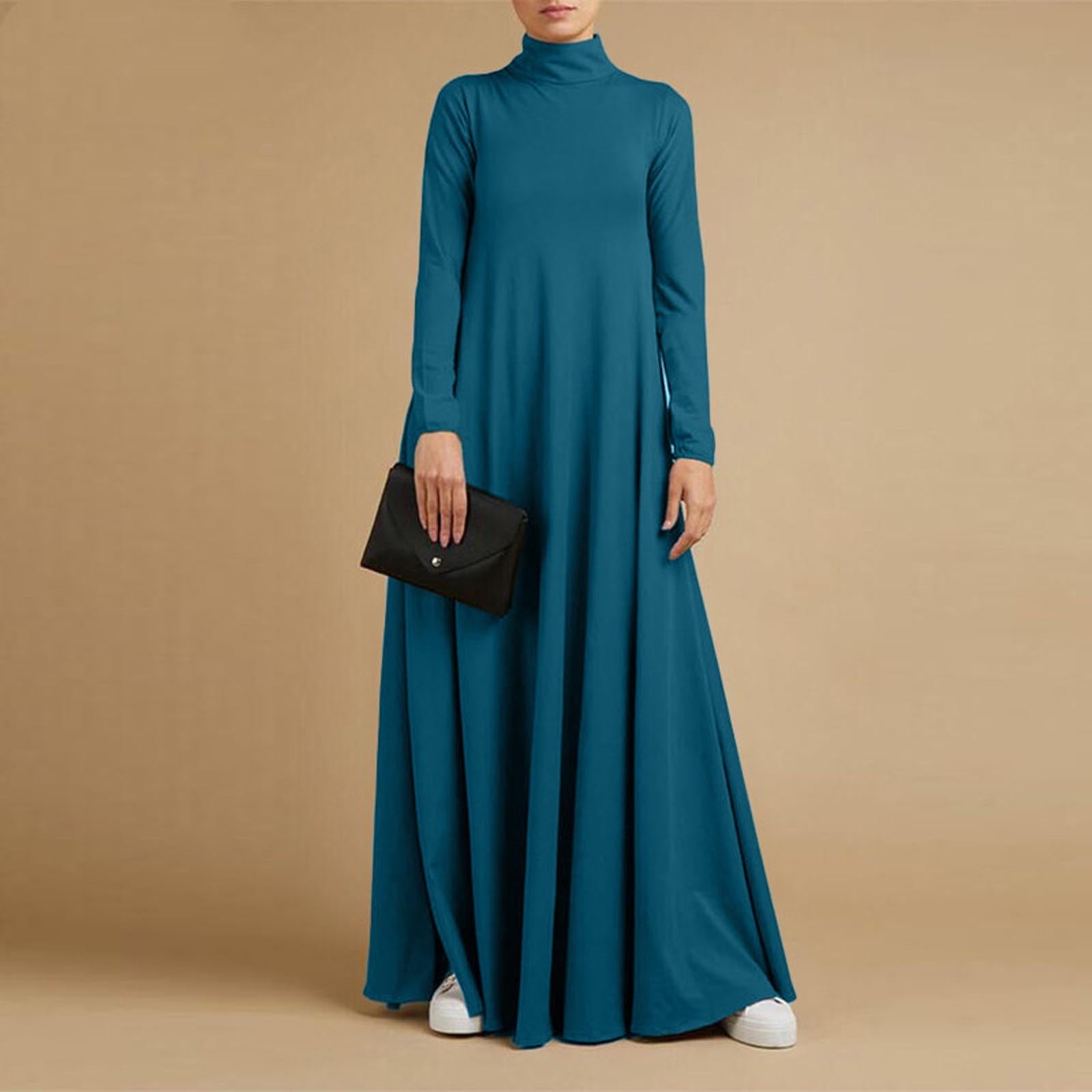 Bdfzl Womens Casual Maxi Dress Long Sleeve Mock Neck Robe Abaya Muslim ...