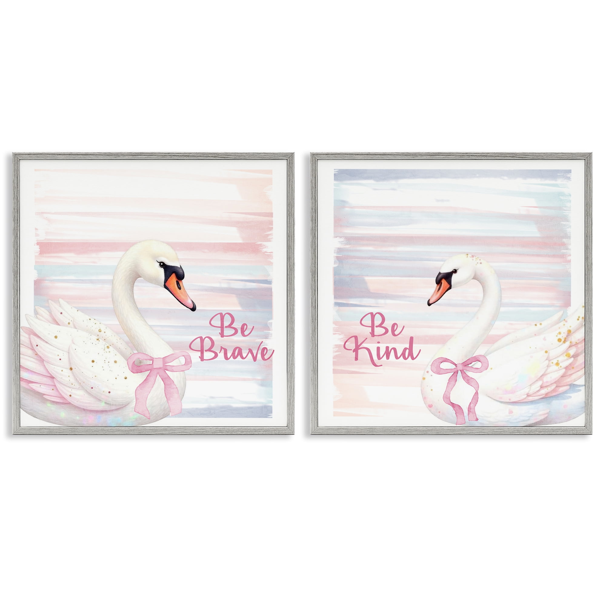 Be Brave & Kind Pastel Swan 2 Piece Gray Framed Giclee Art Set, design ...