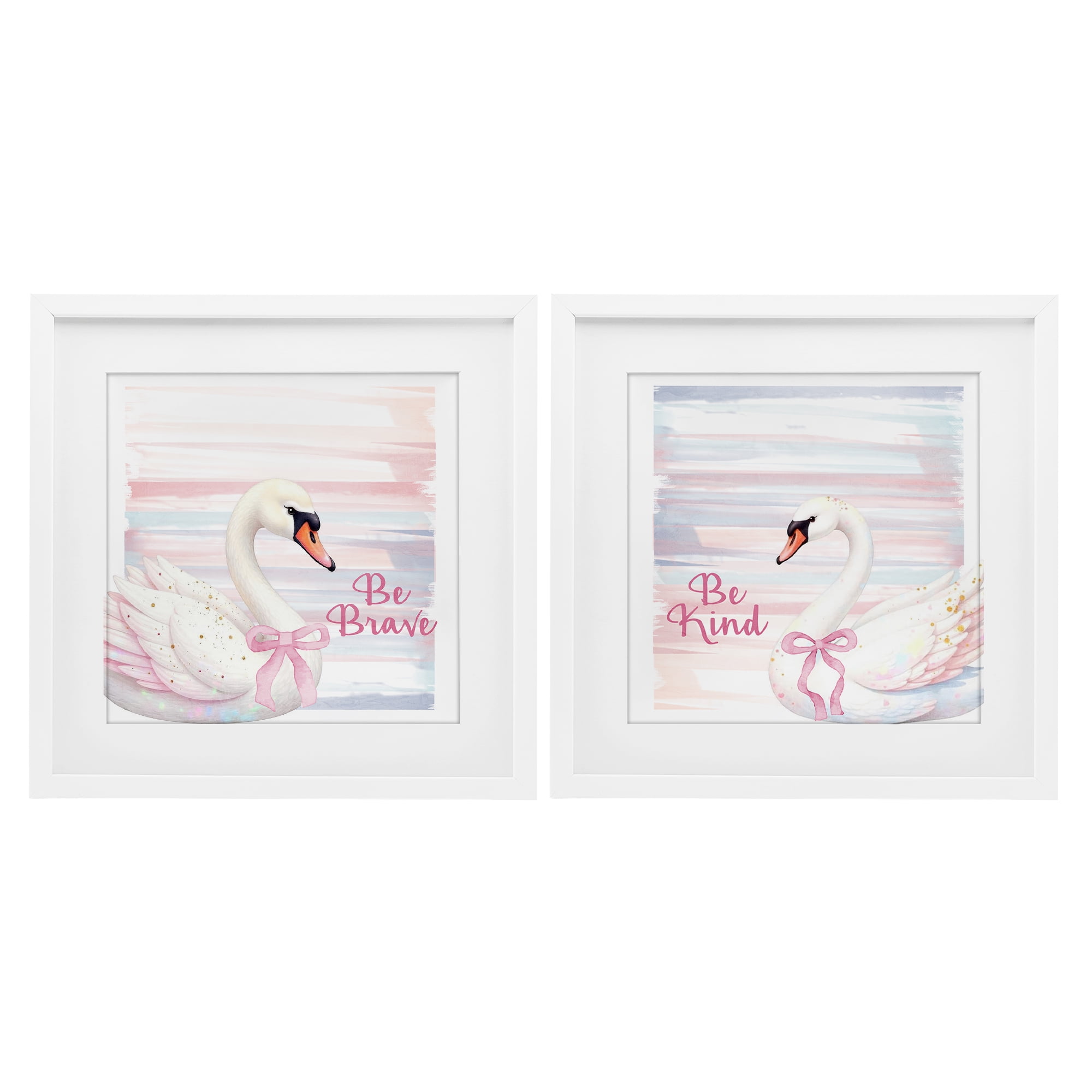 Be Brave & Kind Pastel Swan 2 Piece White Framed Print Under Glass Set ...