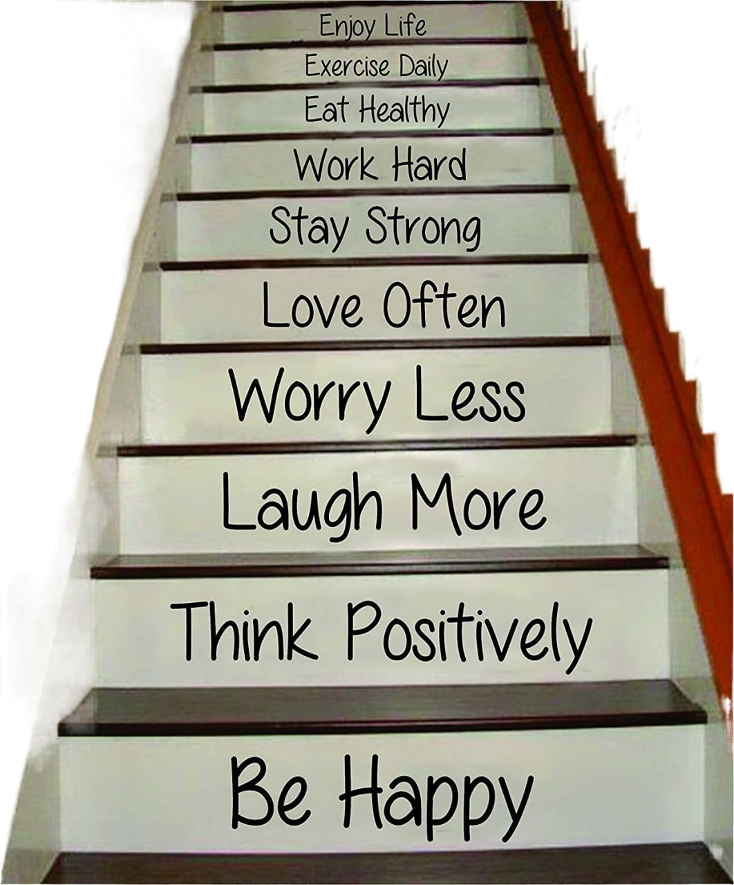 Be Happy Think Positively Stairs Quote Wall Decal Sticker Room Art Vinyl Joy Peace Fitness ...