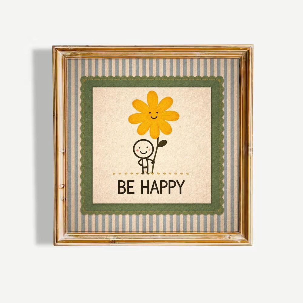 Be Happy Wall Art Print Cute Smiley Flower Poster Positive Quote Decor ...