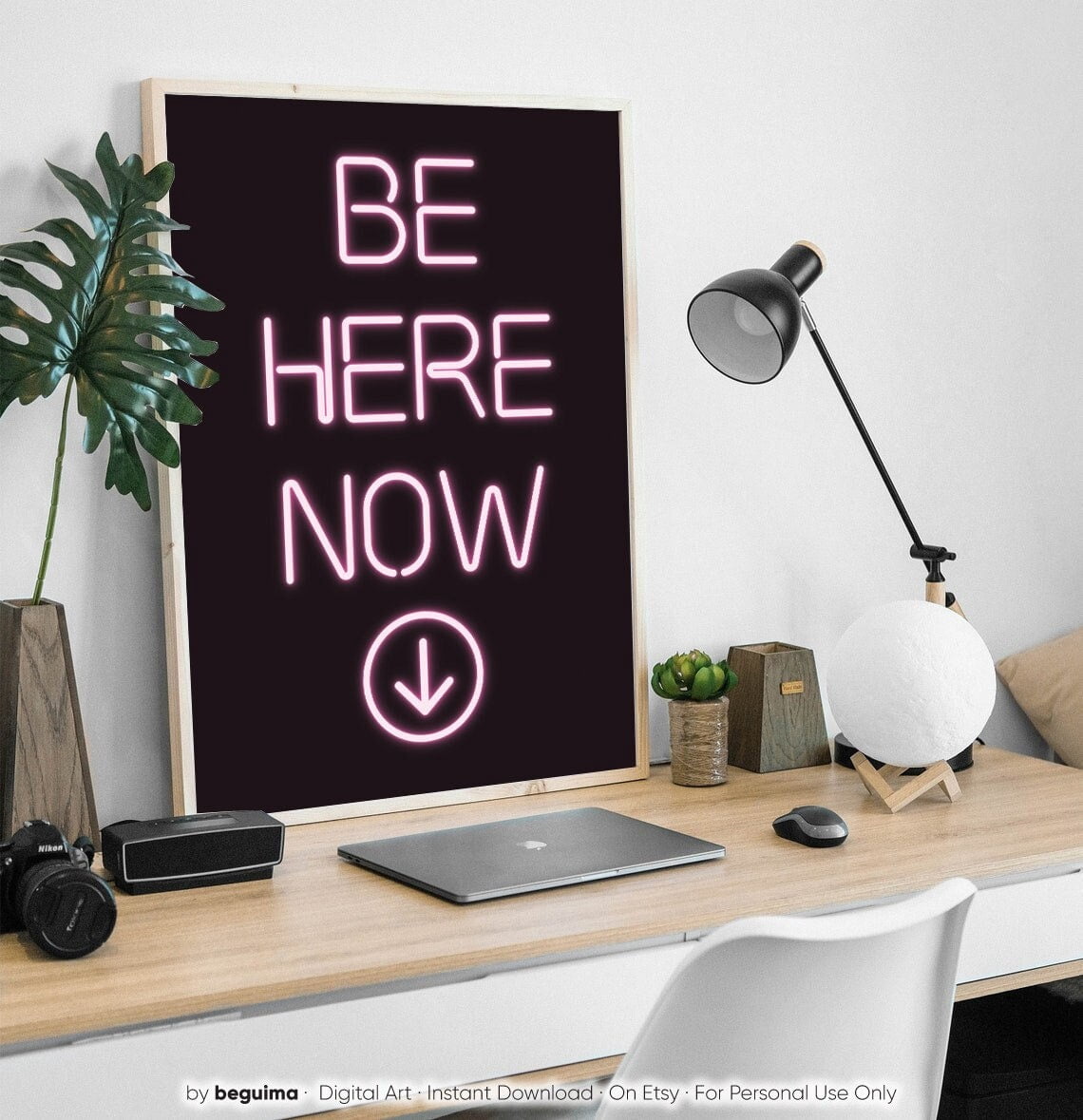 Be Here Now Pink Typography Neon Lights Sign Restroom Poster, Stretched ...