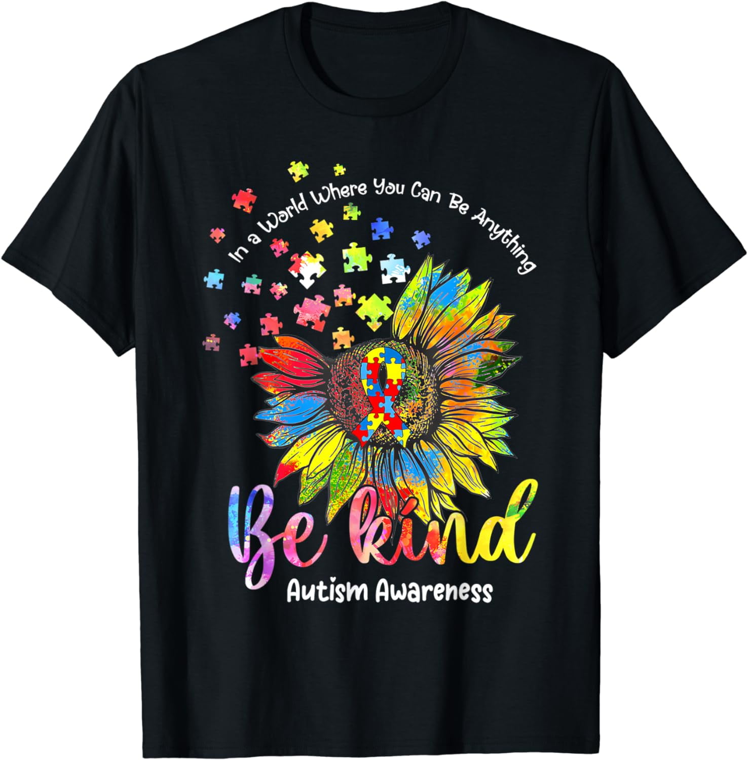 Be Kind Autism Awareness Puzzle Pieces Sunflower Autism Mom T-Shirt ...