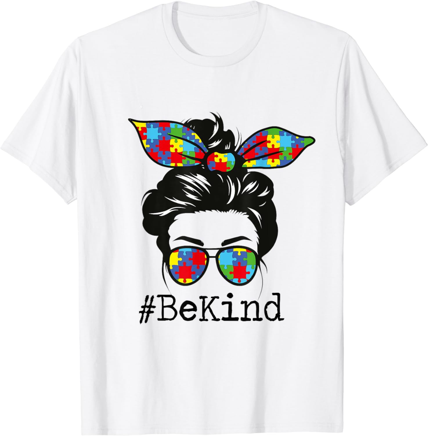 Be Kind Autism Awareness Women Messy Bun Cute Autism Puzzle T-Shirt ...