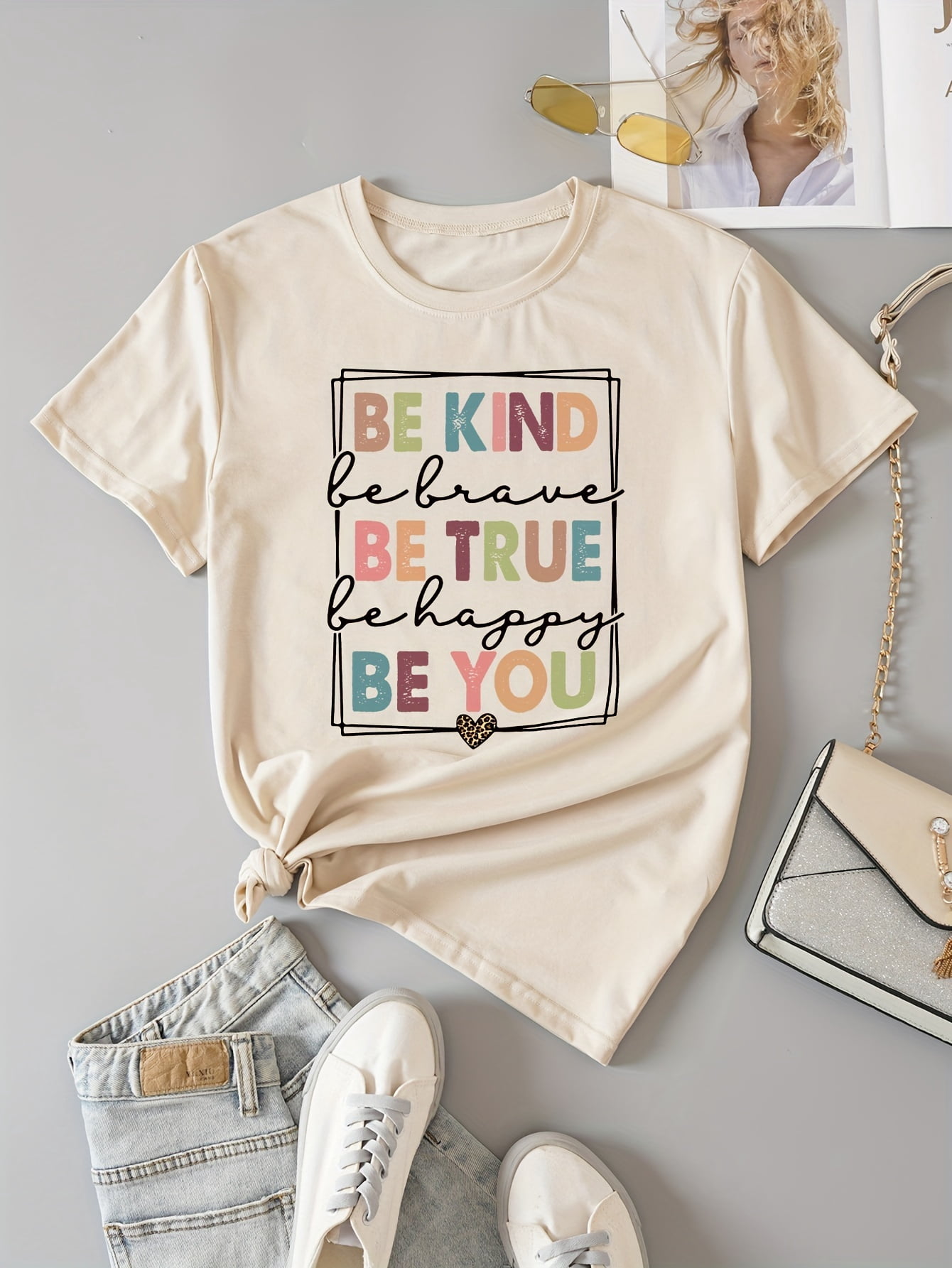 Be Kind Letter Print T-shirt, Casual Crew Neck Short Sleeve Summer T ...