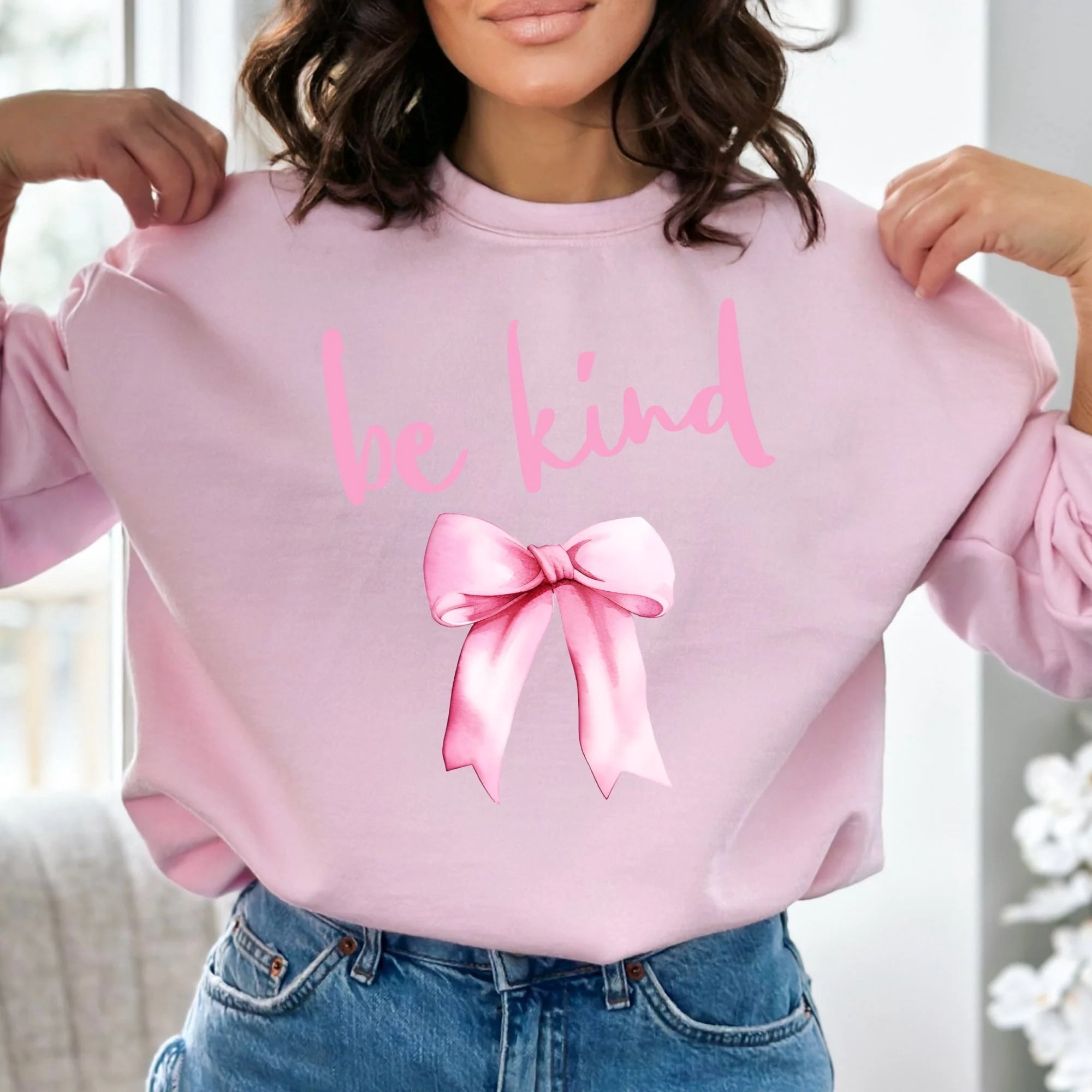 Be Kind Pink Bow Graphic Coquette Sweatshirt - Walmart.com