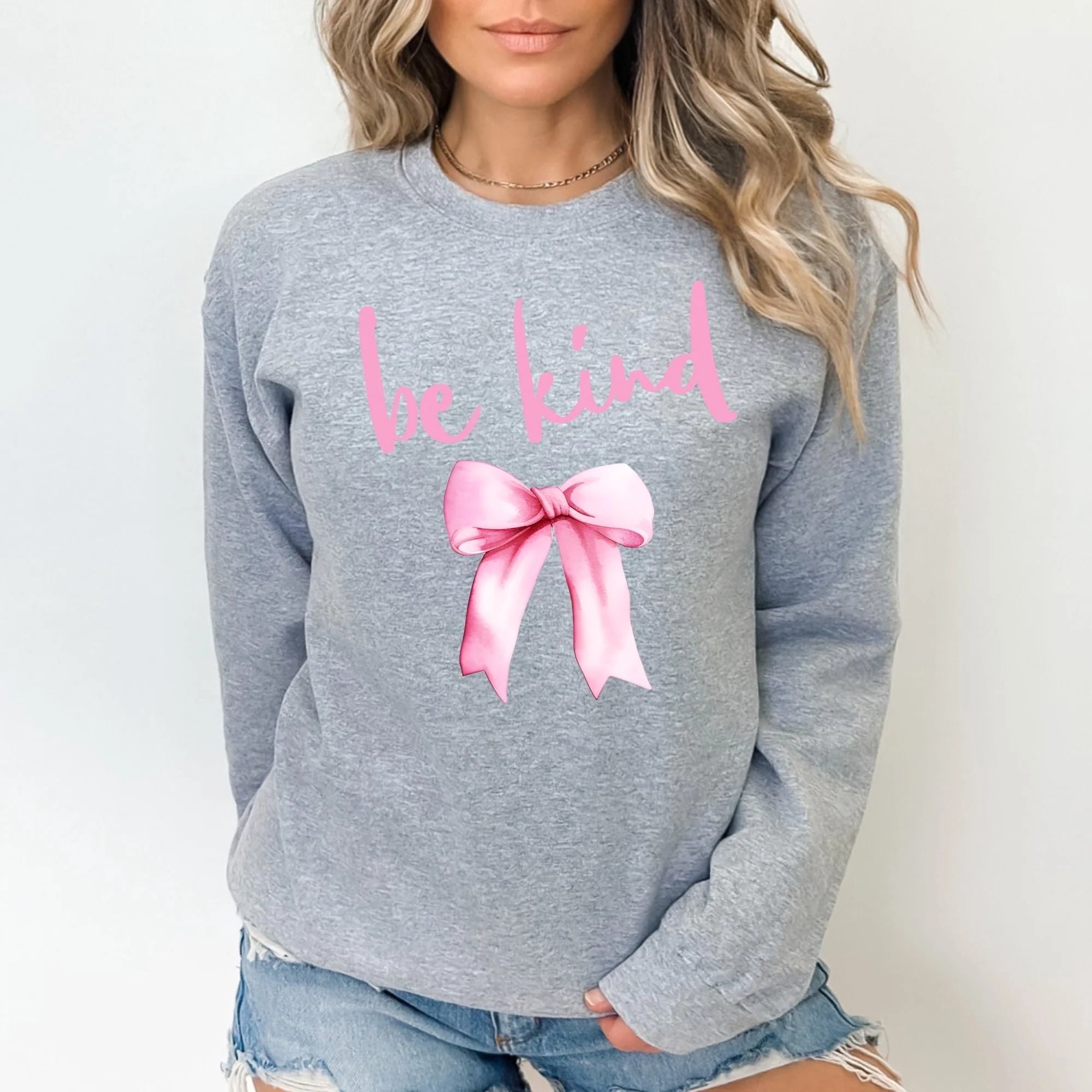 Be Kind Pink Bow Graphic Coquette Sweatshirt - Walmart.com