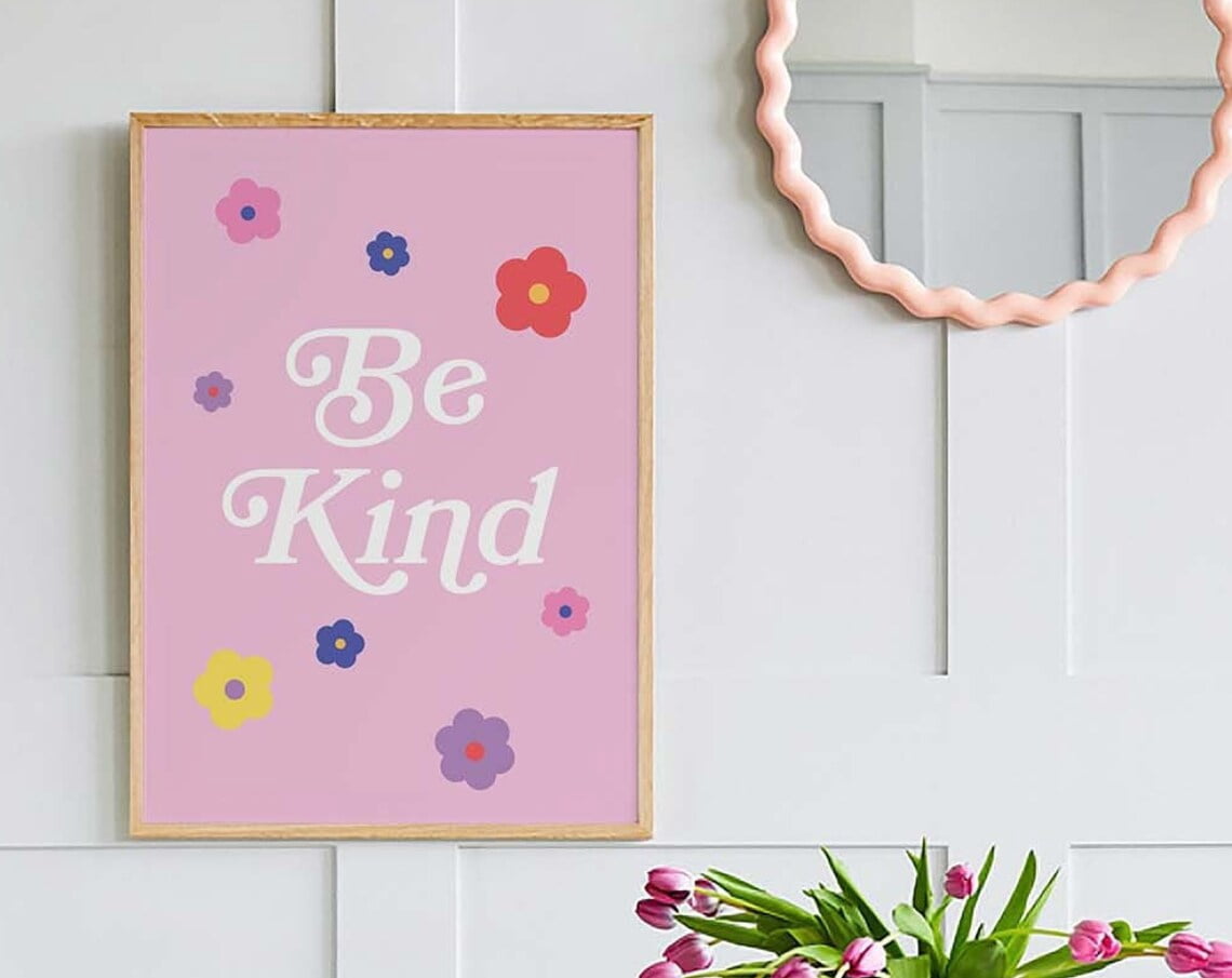 Be Kind Print, Art, Pink Retro Kindness Art, Cute Wall Art, Trendy Art ...