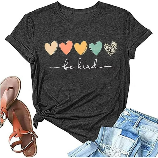 Be Kind Shirts for Women Cute Heart Graphic Summer Vacation Tees Loose ...