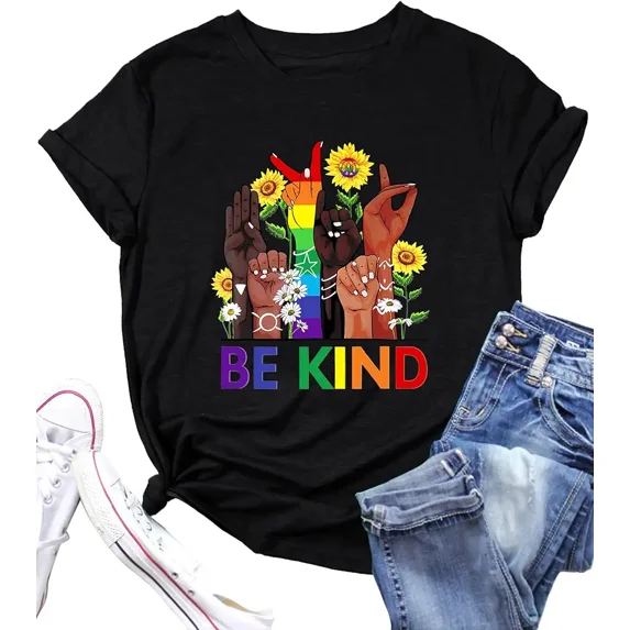 Be Kind Sign Language Hands Rainbow Diversity Women Short Sleeve ...