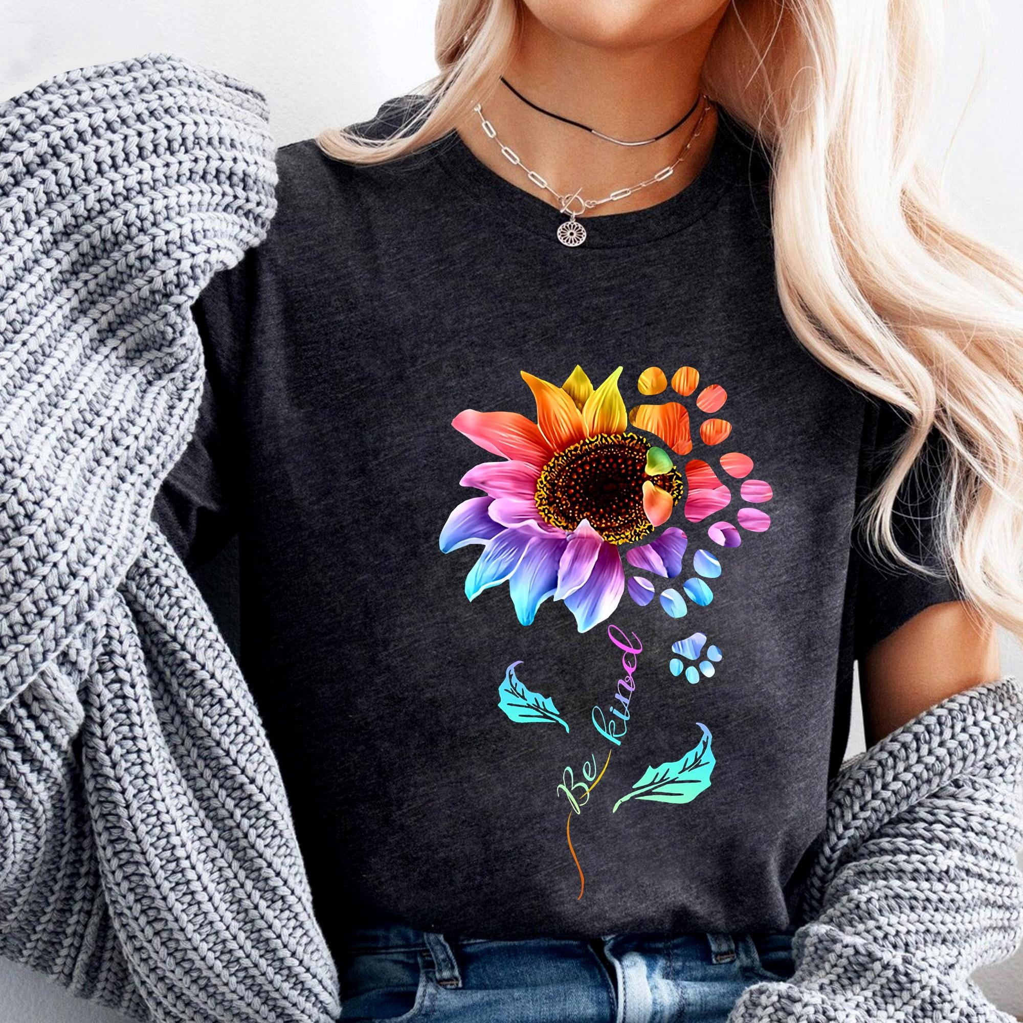 Be Kind Sunflower TShirt Colorful Paw Print Tee for Animal Lovers ...