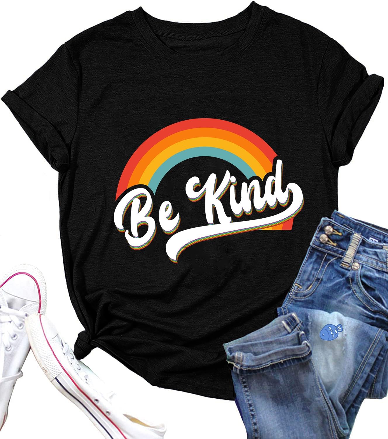 Be Kind T-Shirt for Women Funny Letter Print Heart Rainbow Pattern ...