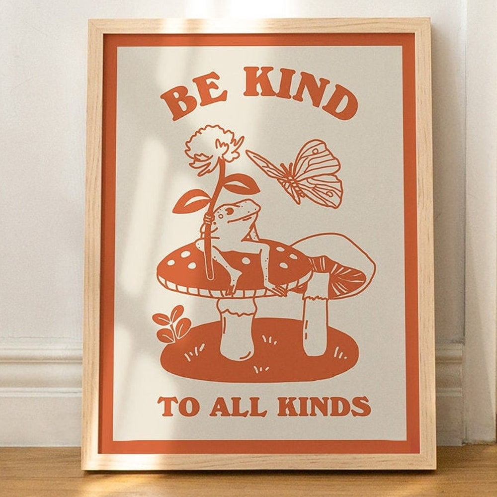 Be Kind Wall Print Mushroom Decor Digital Print Cute Frog 70S Room ...