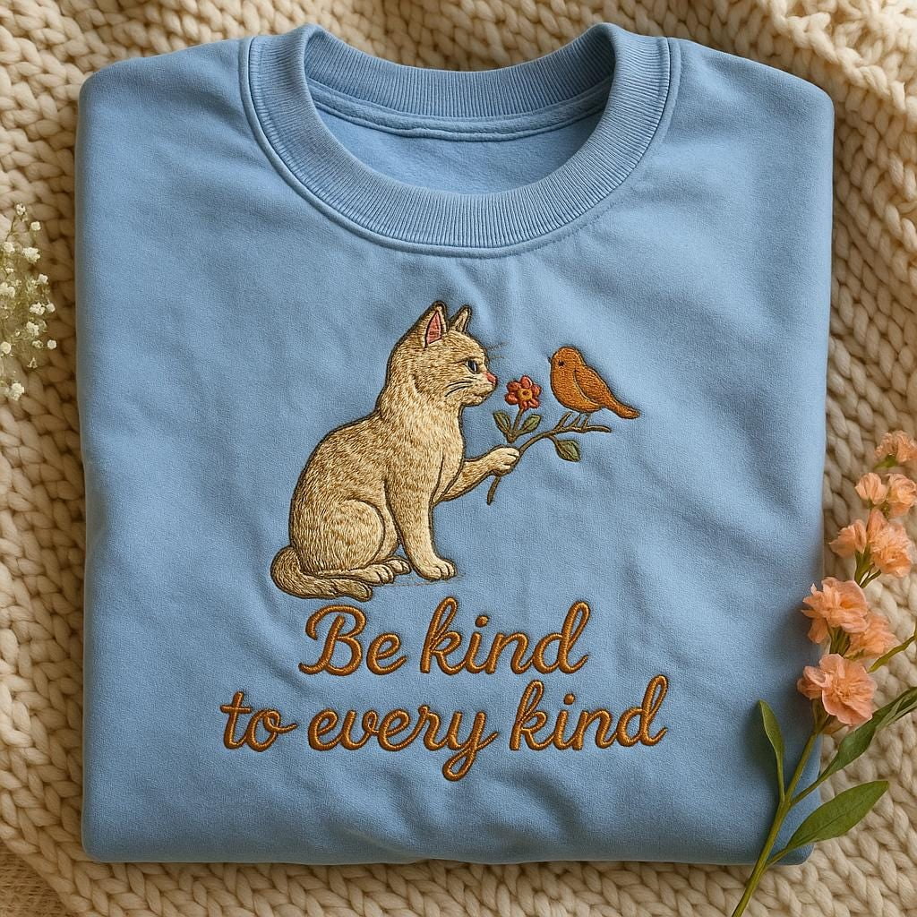 Be Kind to Every Kind Embroidered Sweatshirt, Cat and Bird Hoodie, Cute ...