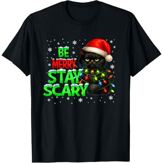 Be Merry Stay Scary Black Cat Funny Halloween Christmas T-Shirt ...
