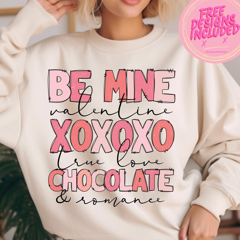 Be Mine Valentine Sweatshirt, Retro Chocolate & Romance XOXO Doodle Pullover, Cute True Love ...