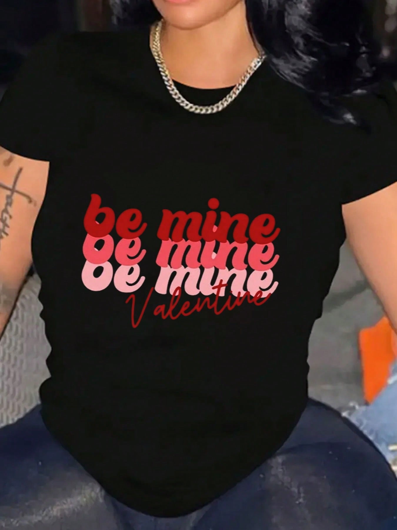 Be Mine Valentine's Day Stacked Text Graphic Women Short Sleeve T-Shirt ...
