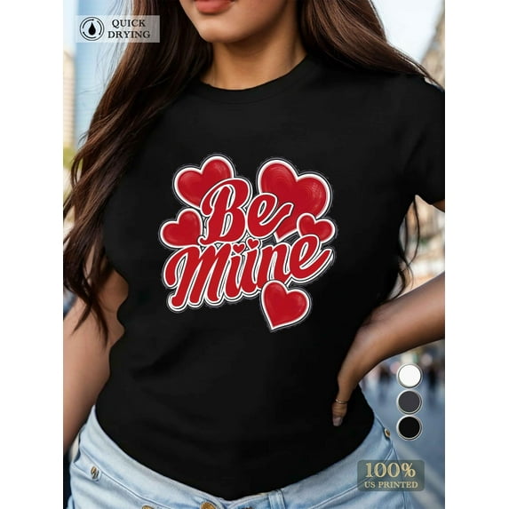 "Be Mine" Women's T-Shirt with Red Hearts - Casual Cotton Fit, Round ...