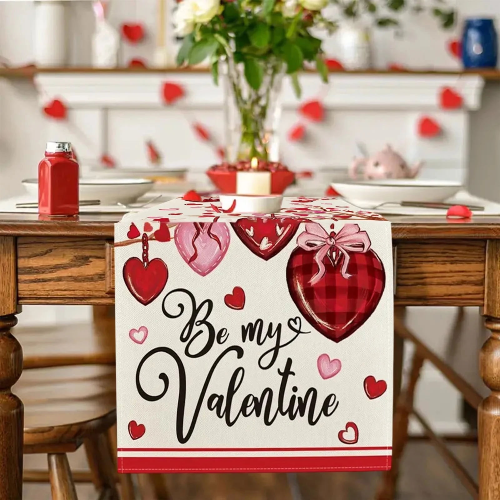 "Be My Valentine" Table Runner 12x71 Inch, Hanging Hearts Tree Branch ...