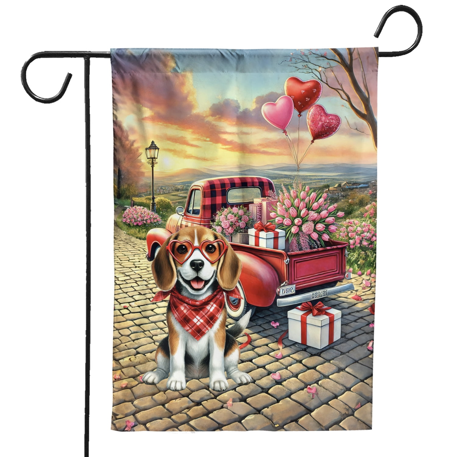 Be My Valentine's Beagle Truck Full of Love Flower Balloon Garden Flag ...