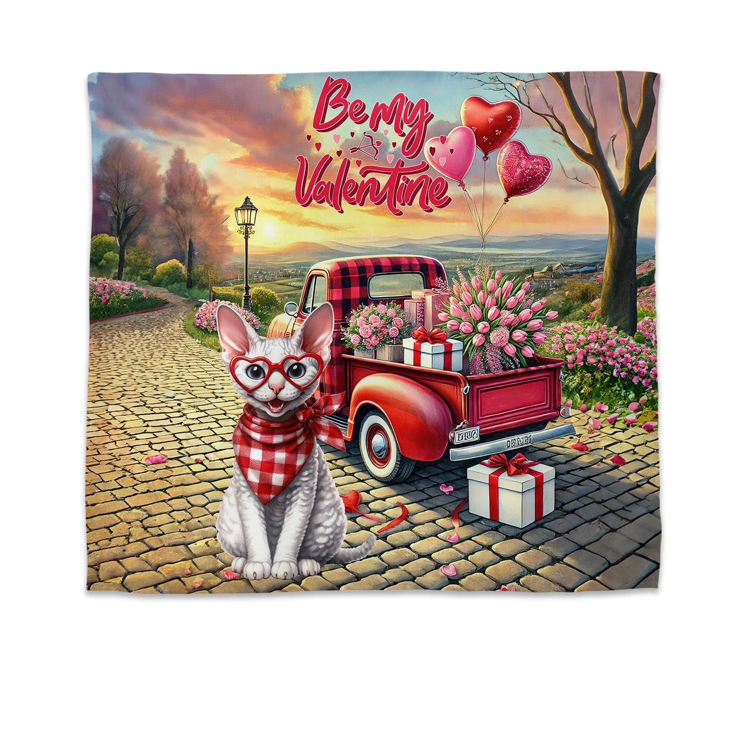 Be My Valentine's Devon Rex Truck Full of Love Flower Balloon Tapestry Cat Lover Kitten Owner ...