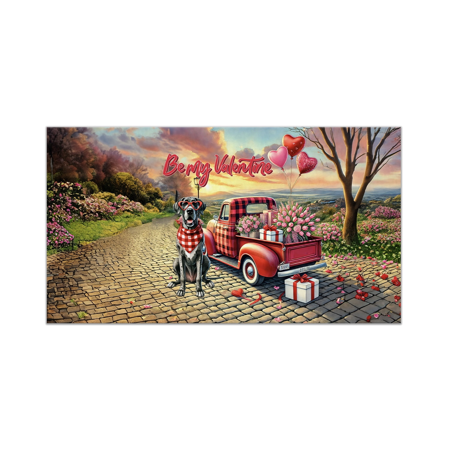 Be My Valentine's Great Dane Truck Full of Love Flower Balloon Doormat ...