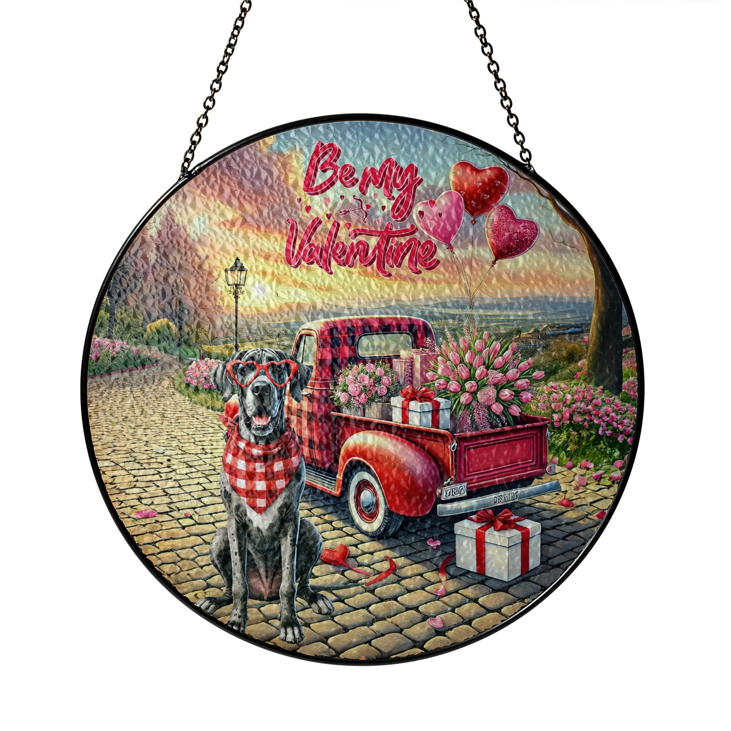 Be My Valentine's Great Dane Truck Full of Love Flower Balloon Stained ...