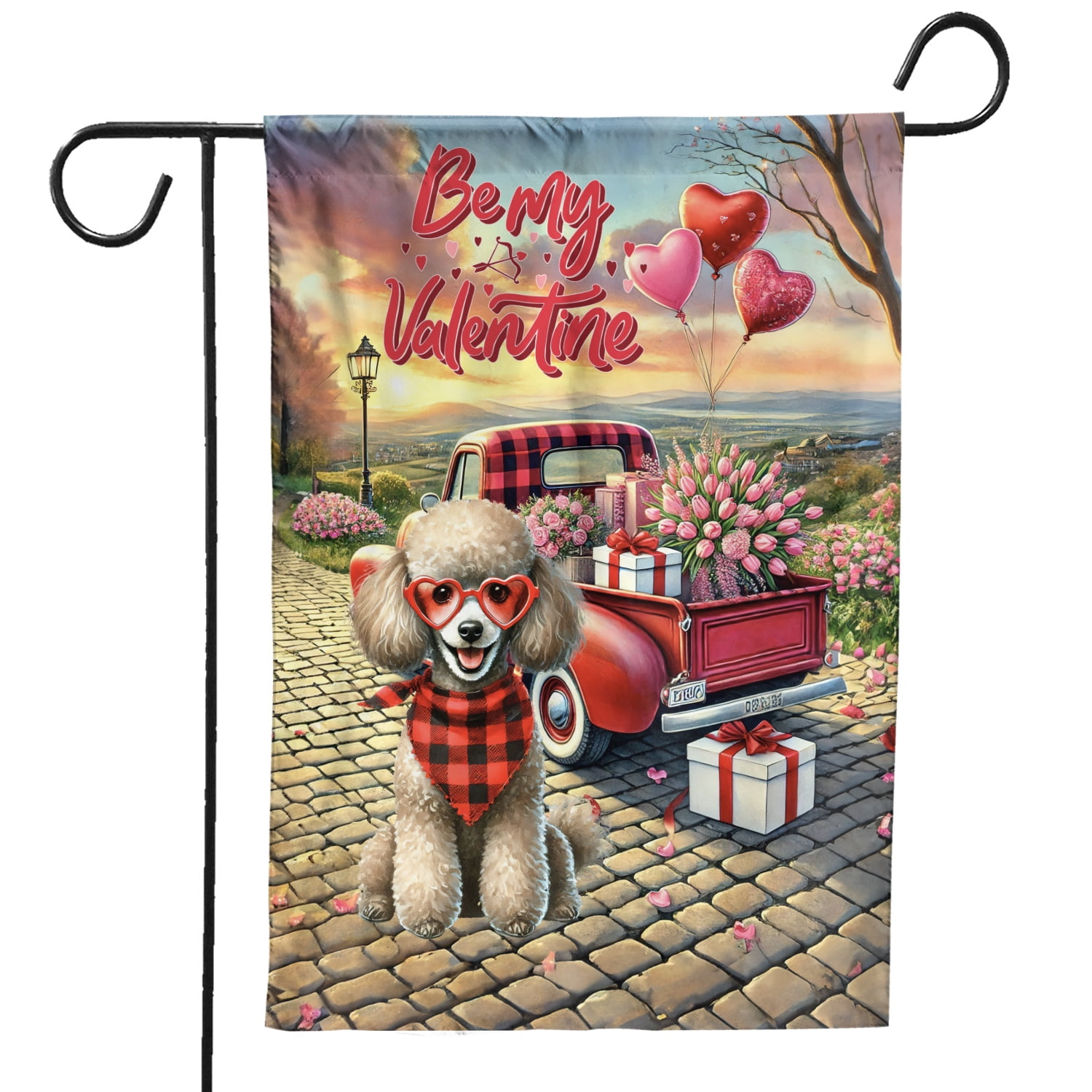 Be My Valentine's Poodle Truck Full of Love Flower Balloon Garden Flag ...