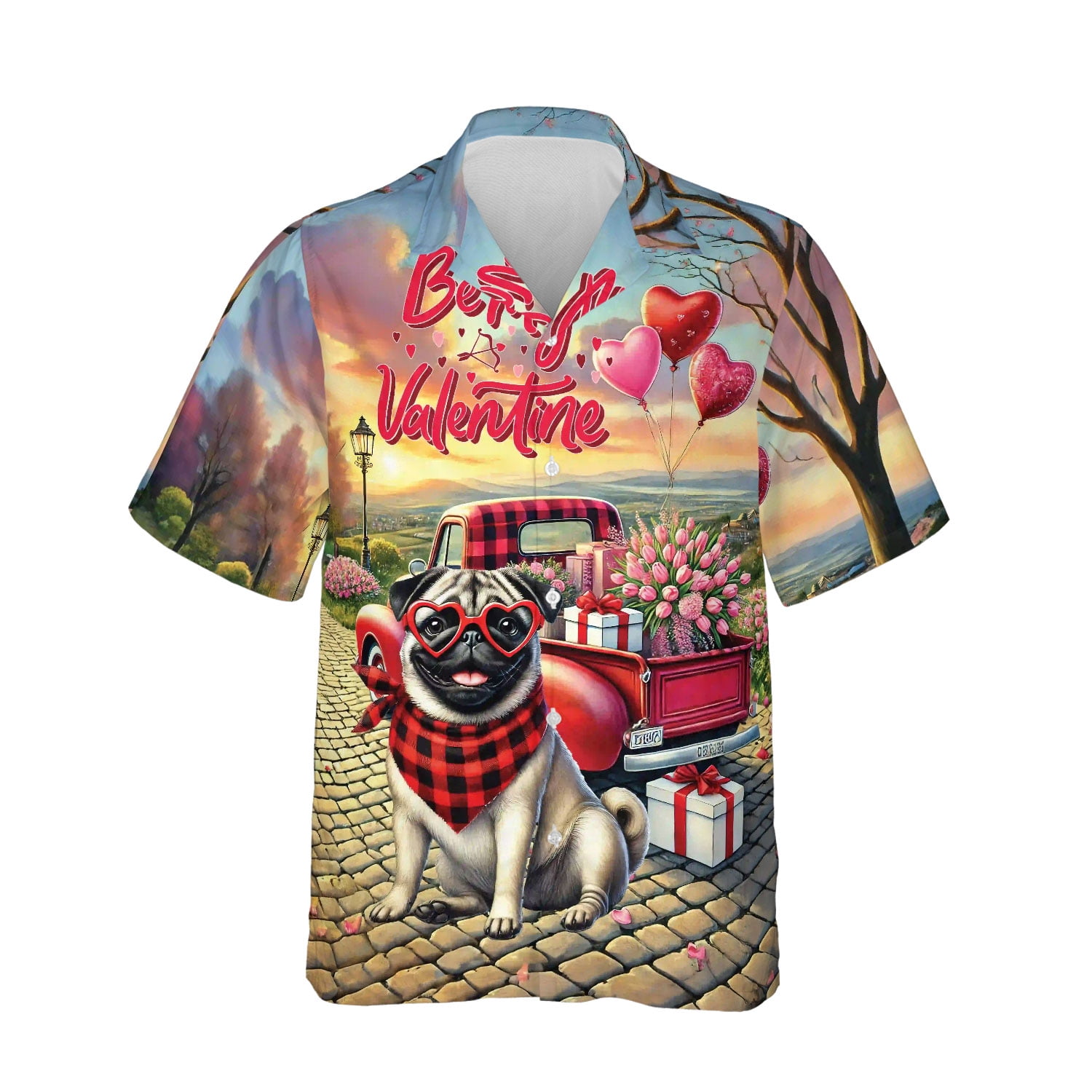 Be My Valentine's Pug Truck Full of Love Flower Balloon Hawaiian Shirt ...