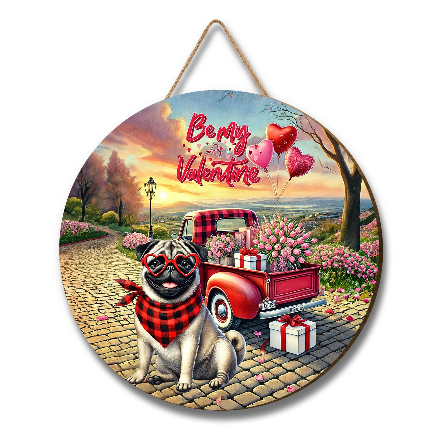 Be My Valentine's Pug Truck Full of Love Flower Balloon Round Wood Sign ...