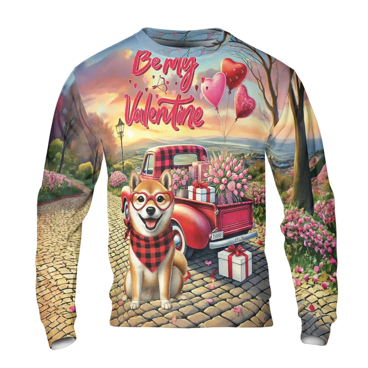 Be My Valentine's Shiba Inu Truck Full of Love Flower Balloon All Over ...