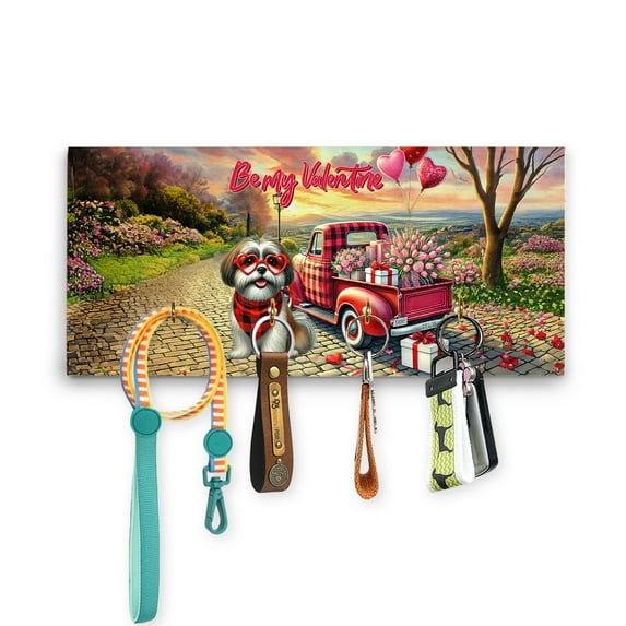 Be My Valentine's Shih Tzu Truck Full of Love Flower Balloon Wood Key ...