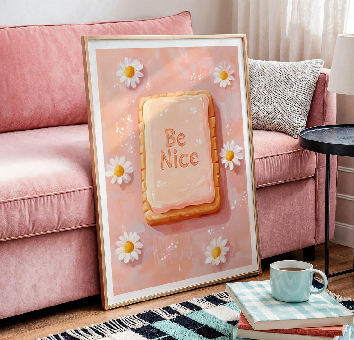 Be Nice Biscuit Poster Pink Daisy Kitchen Art Poster, Unframed Canvas ...