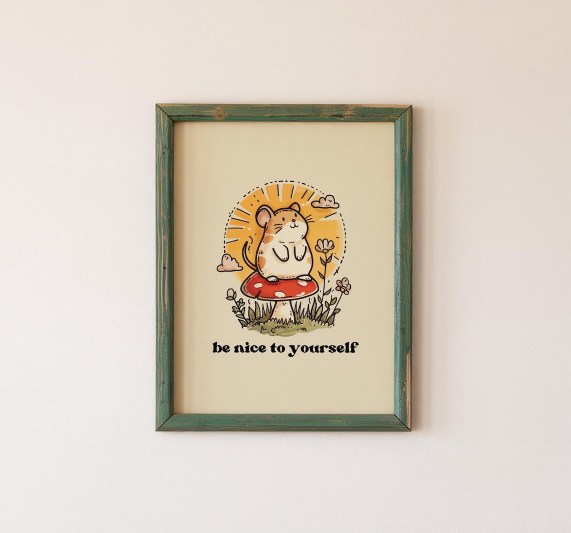 Be Nice To Yourself, Cute Mouse Wall Poster, Retro Illustration ...