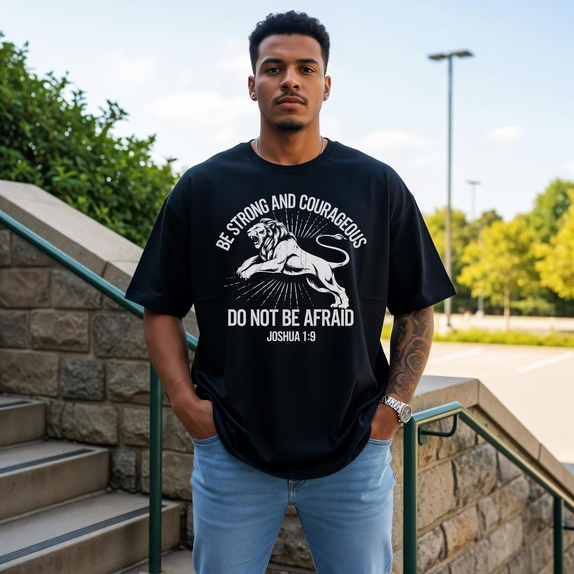 Be Strong And Courageous Lion Shirt Bible Verse Man T-Shirt Workout Dad ...