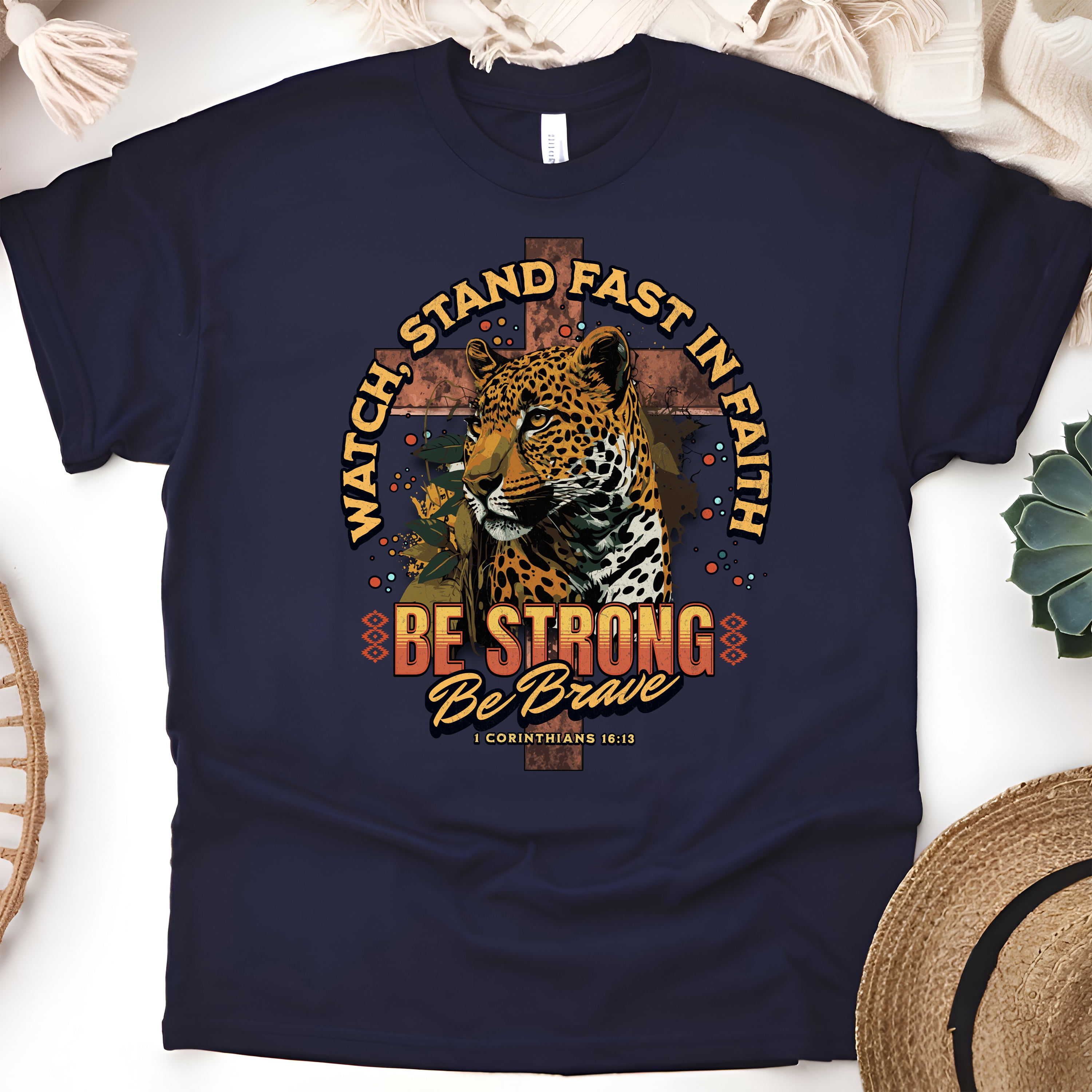 Be Strong Be Brave T-Shirt – Leopard Cross Christian Bible Verse Tee ...