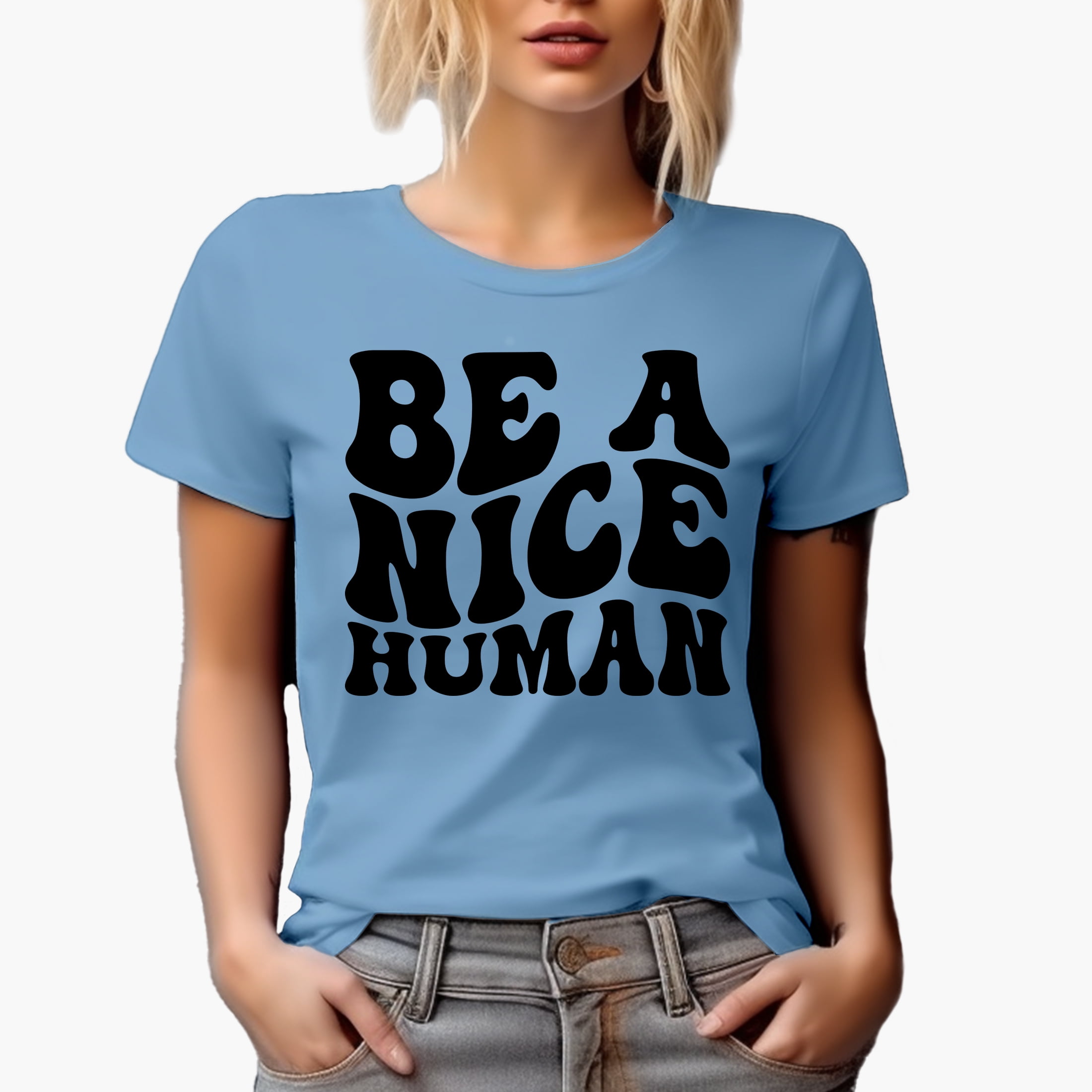Be a Nice Human Quote, Groovy Retro Wavy Text Merch Gift, Baby Blue T ...