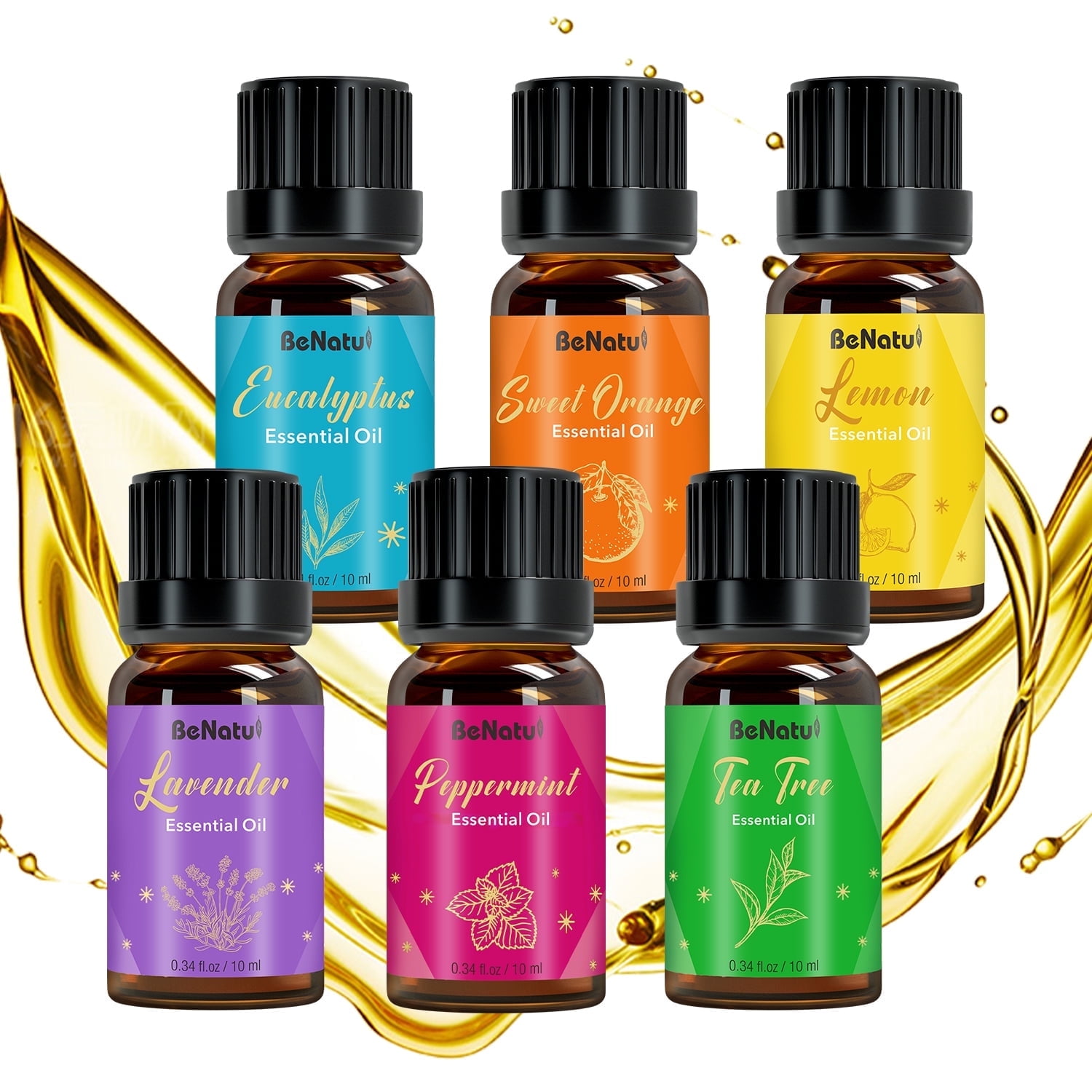 BeNatu 10ML/ 0.34Fl.Oz 6-piece Essential oil set - Lavender, Tea Tree, Sweet Orange, Lemongrass ...