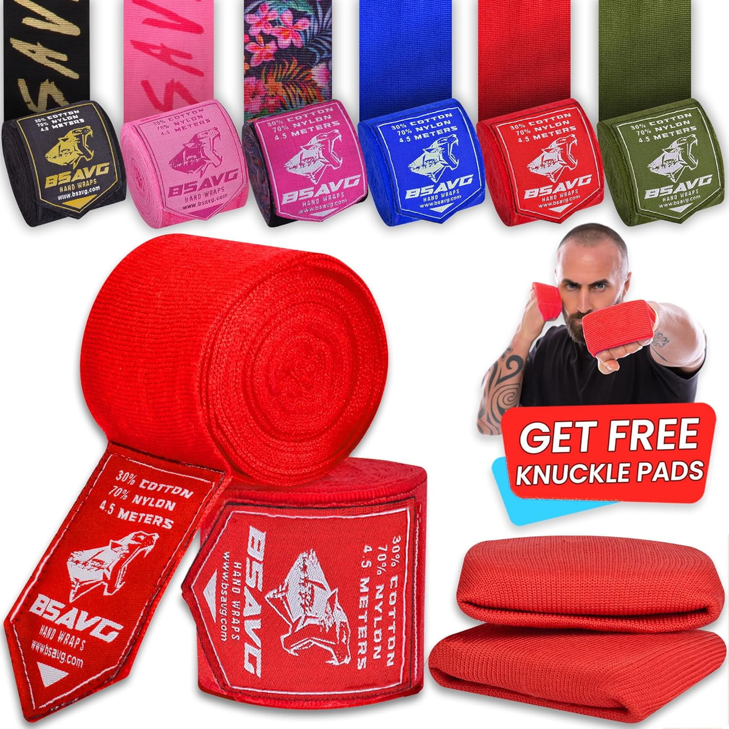 BeSAVAGE 180" Elastic Hand Wraps with Knuckle Guards for Muay Thai, MMA ...