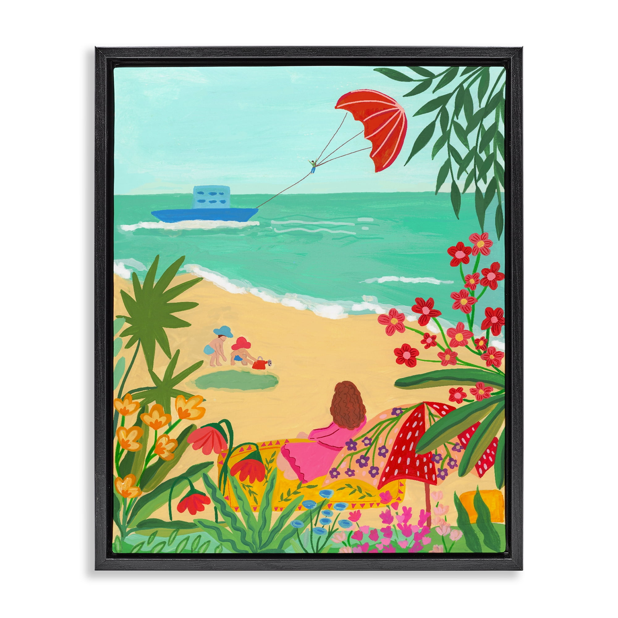 Beach And Flowers View Black Framed Floater Canvas Wall Art, design by ...