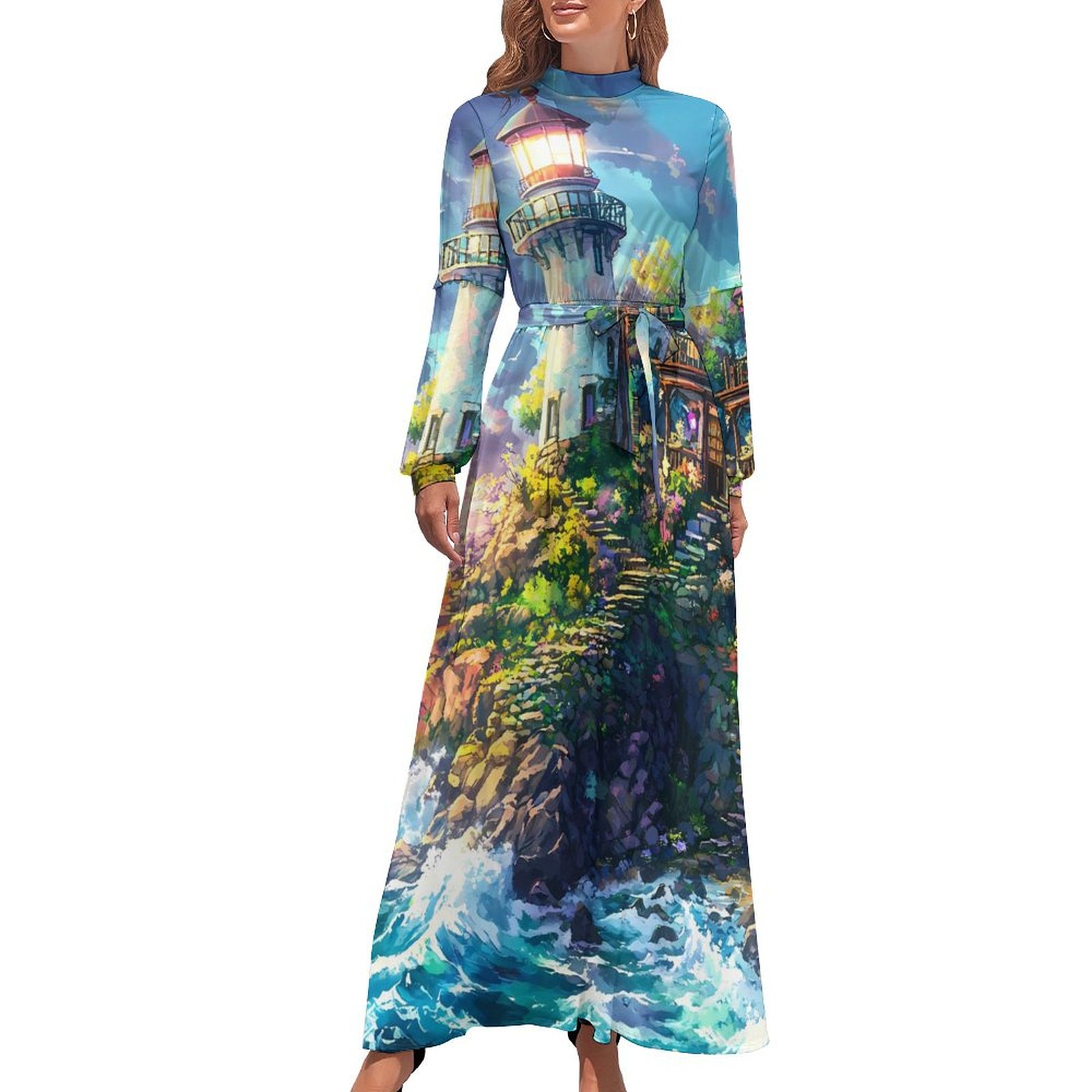 Beach And Lighthouse Women's Fall Maxi Dress Long Sleeve Turtleneck ...