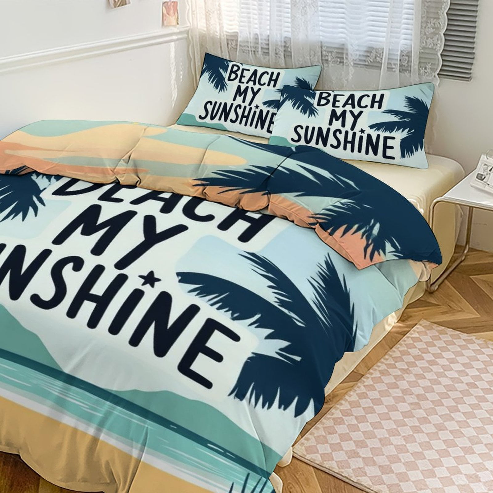 Beach And Palm Trees Pattern 86"x70" 3 Pcs Soft Bedding Set, Includes ...