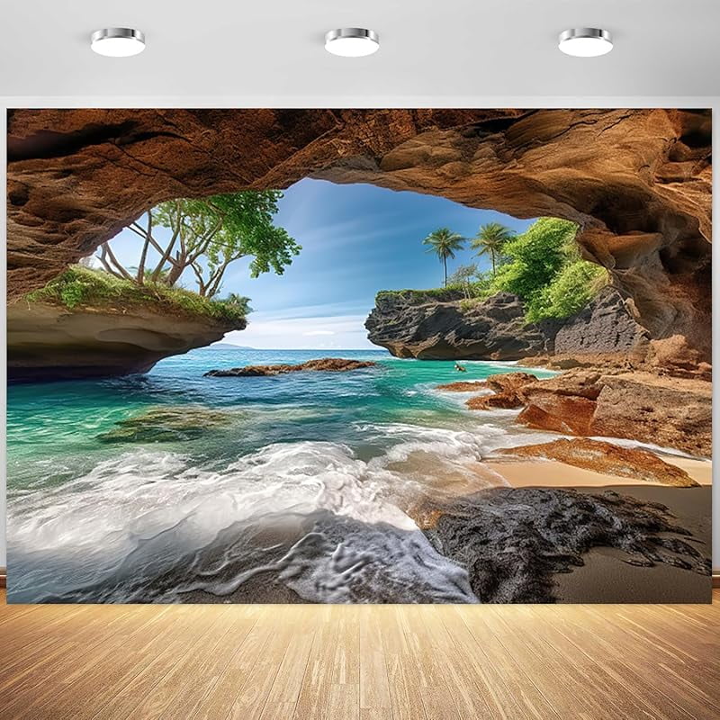 Beach Backdrop Tropical Island Cave Palm Trees Scenery Photography ...