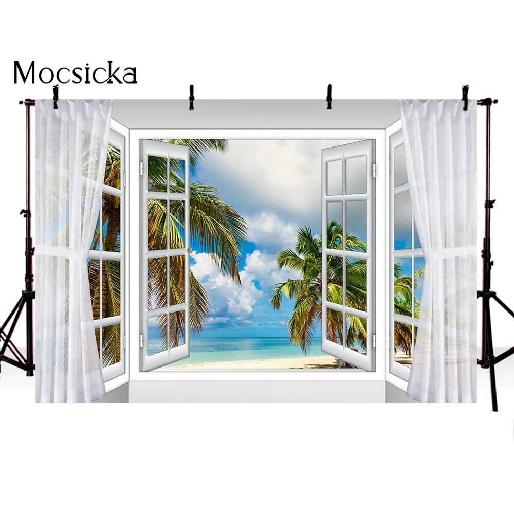 Beach Backdrop White Curtrain Windows Background for Photo Studio Blue ...