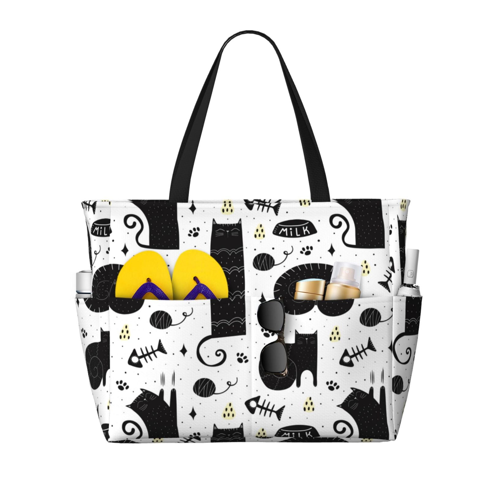 Beach Bag - Bohemian Cute Cat Fishbone Large Beach Tote Bag, Beach Bags ...