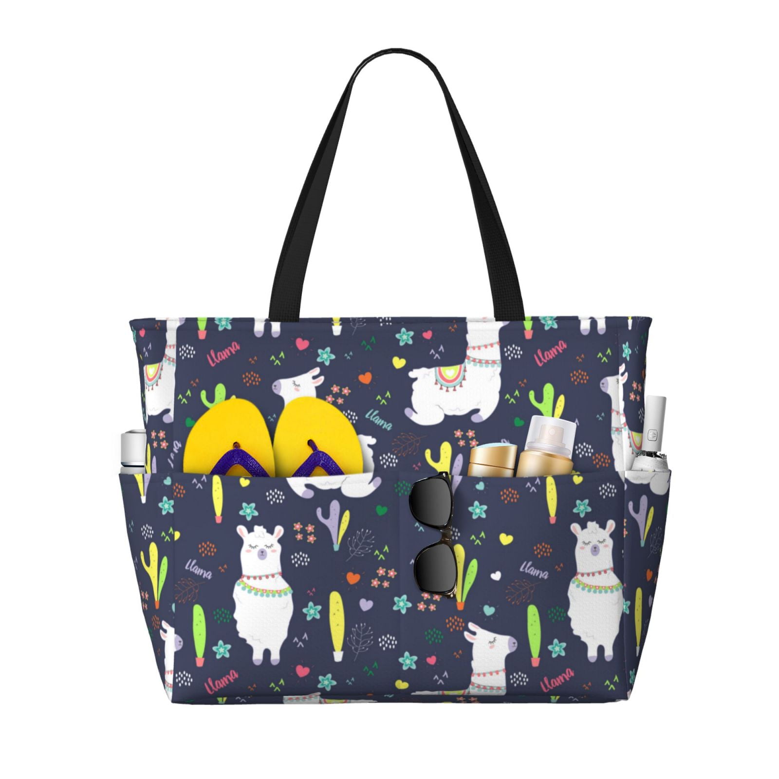 Beach Bag - Cartoon Cute Alpaca Cactus Flower Large Beach Tote Bag ...